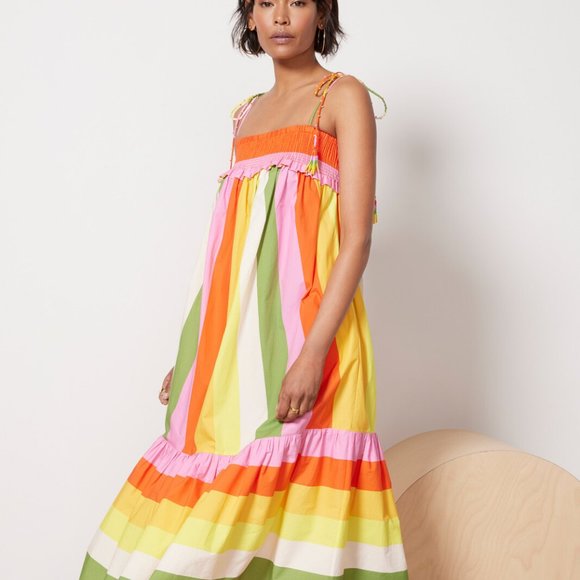 FARM Rio | Dresses | Farm Rio Neon Floral Red Stripes Midi | Poshmark